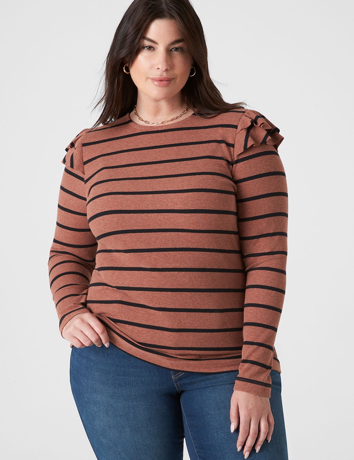 Crew-Neck Double-Ruffle Ribbed Tee