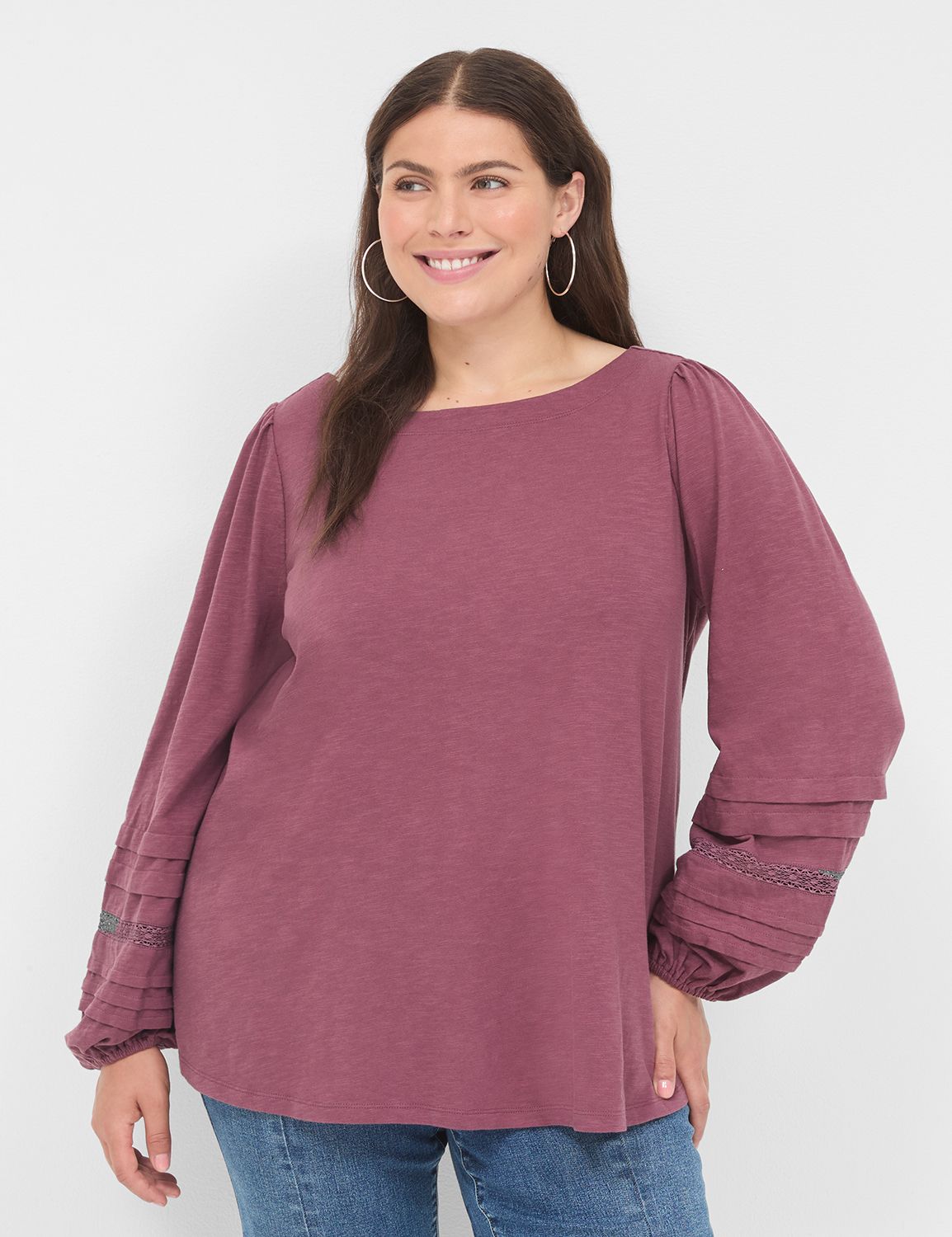 Subtle Swing Pintuck & Lace Sleeve Tee | LaneBryant