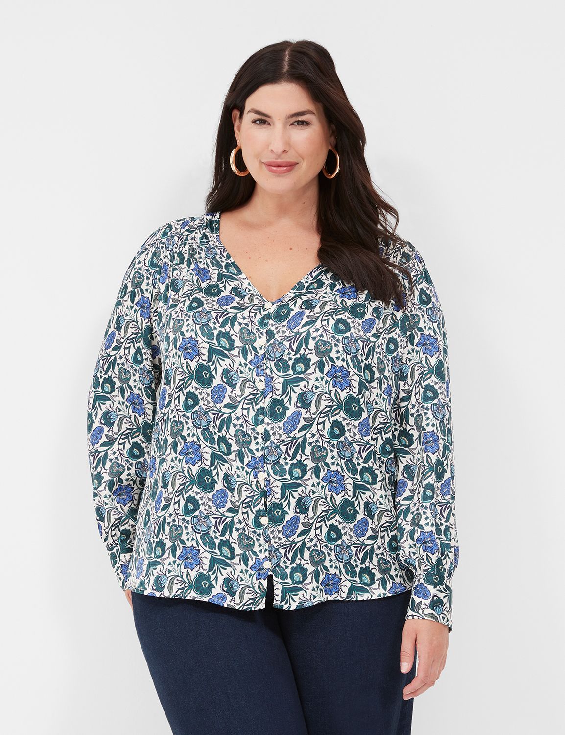 Long Sleeve Ruched Button Front Blo | LaneBryant