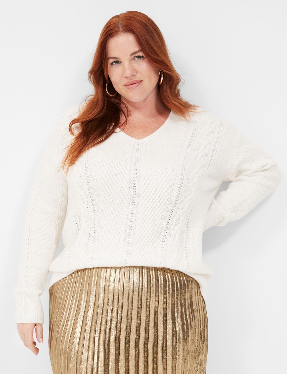 Classic Long Sleeve V Neck Cable Sw