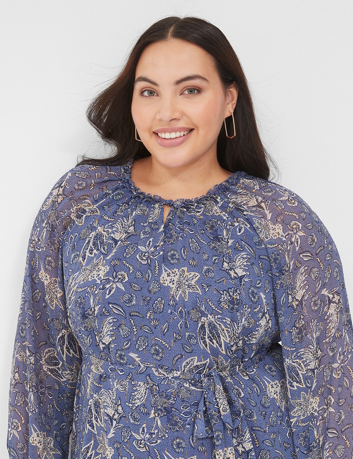 Long Sleeve Ruffle Trim Notch Neck | LaneBryant