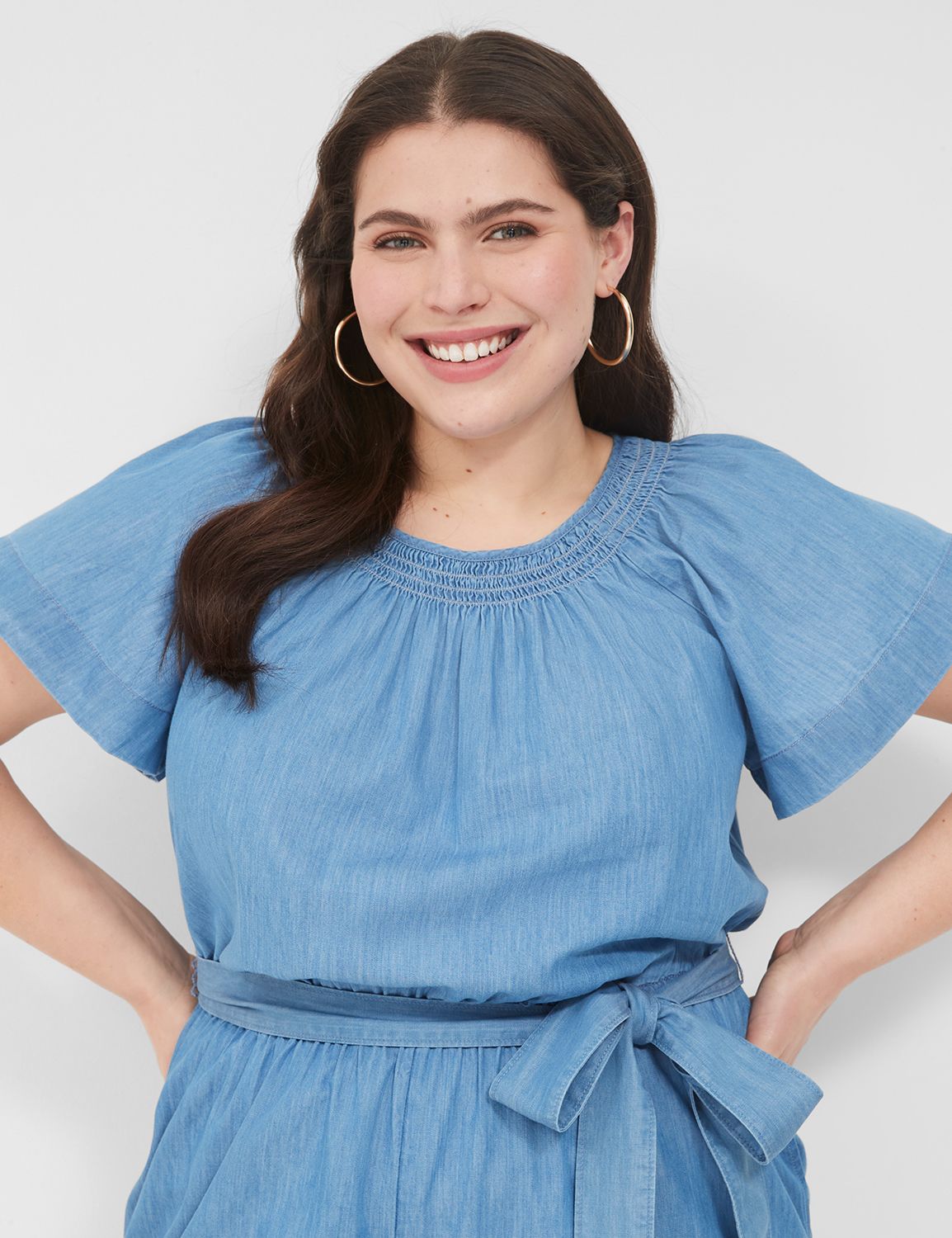 Flutter-Sleeve Smocked-Neck Wide Leg Jumpsuit | LaneBryant