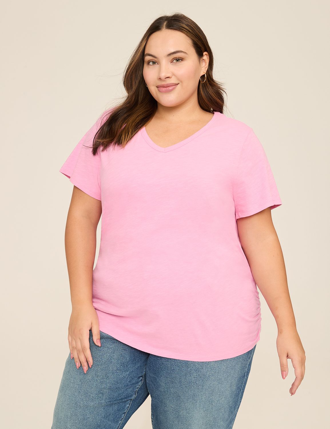 Casual Short Sleeve V-Neck Side Ruc | LaneBryant
