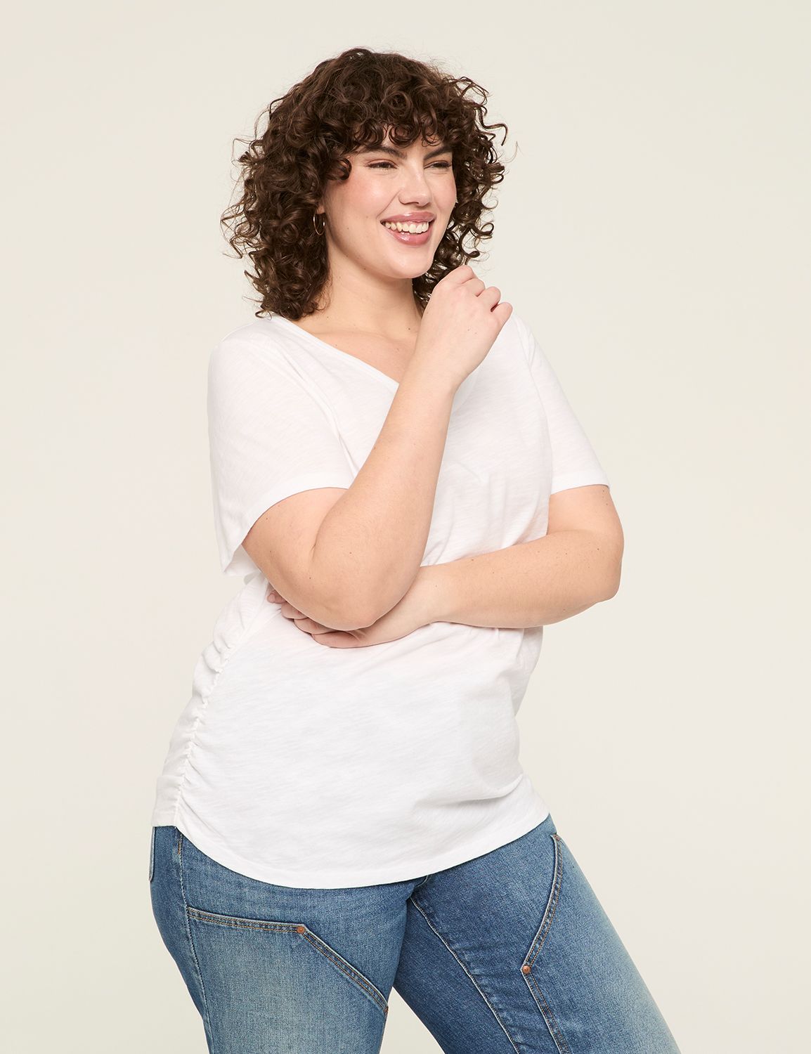 Short-Sleeve V-Neck Side-Ruched Tee | LaneBryant