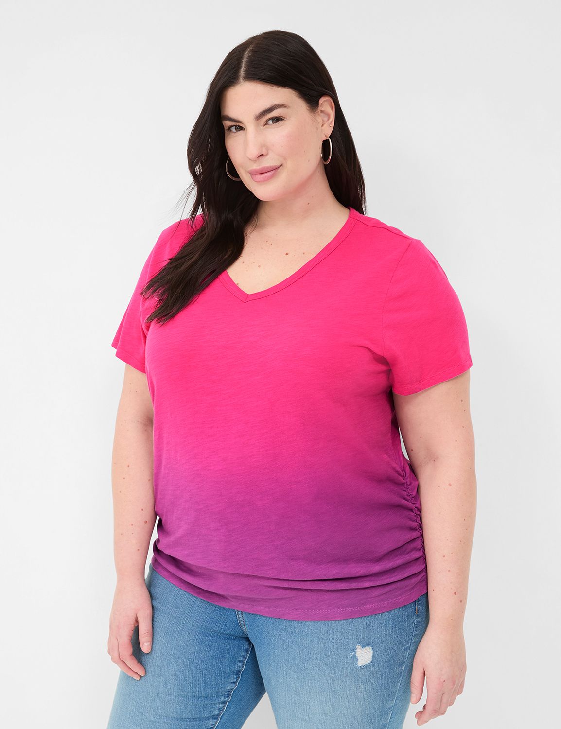 Short-Sleeve V-Neck Side-Ruched Tee | LaneBryant