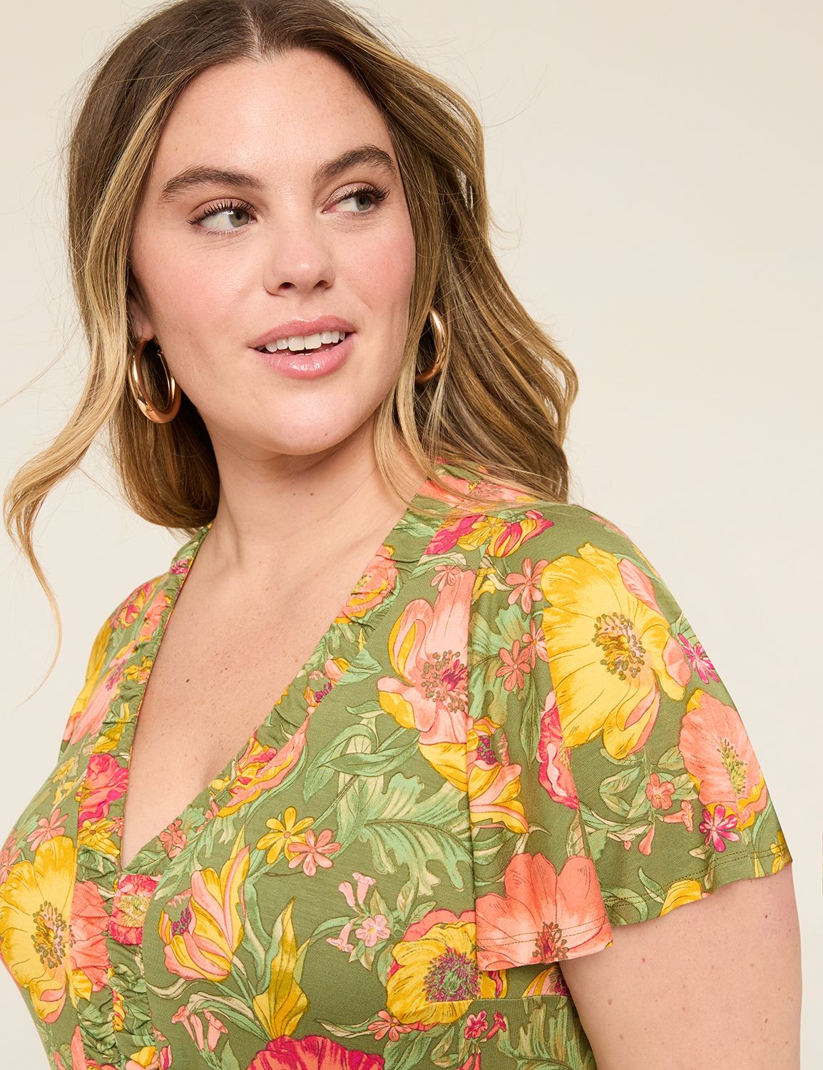 Short Flutter Sleeve V Neck Shirred | LaneBryant