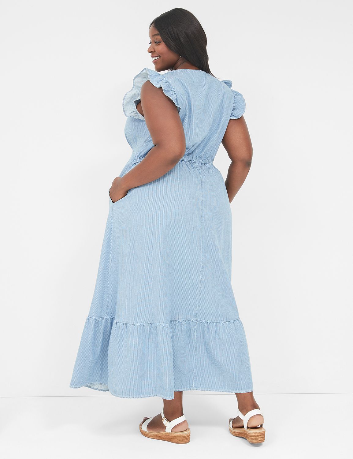 Flutter-Sleeve Button-Front Denim Maxi Dress | LaneBryant