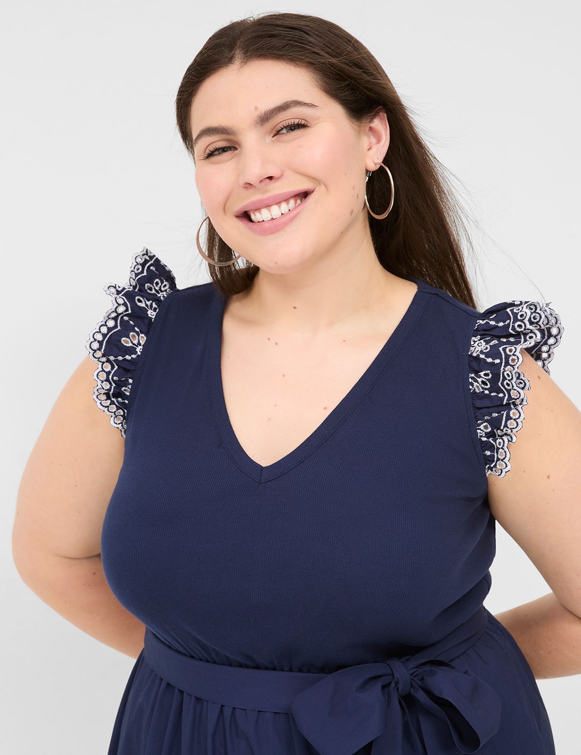 VNK FLUTTER SLV KNIT WOVEN MIX EYEL | LaneBryant