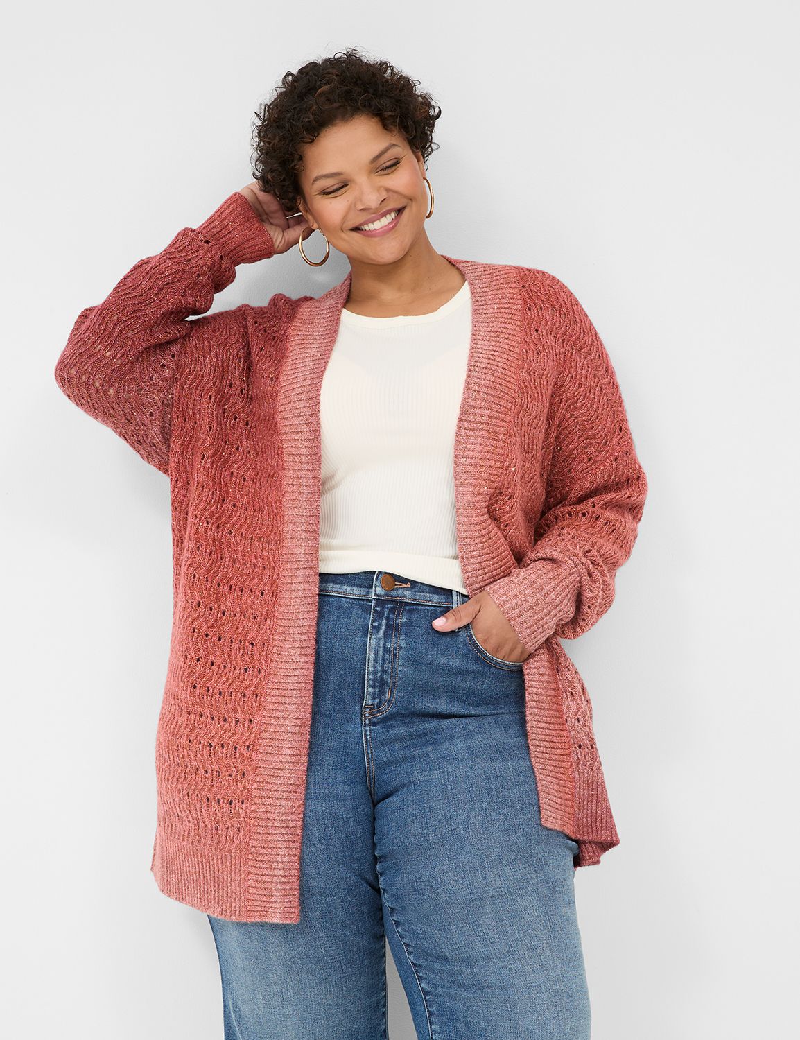 Lurex Shimmer Open-Front Stitch Cardigan | LaneBryant