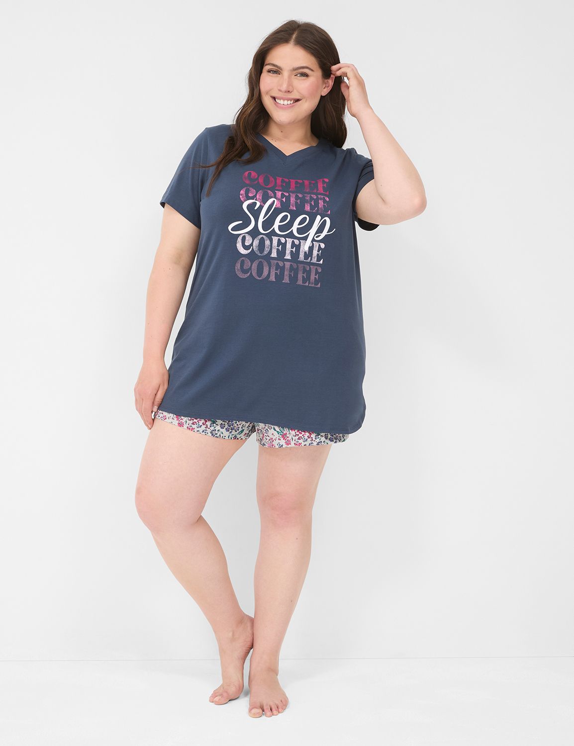 Comfy Cotton V-Neck Tunic & Short PJ Set | LaneBryant