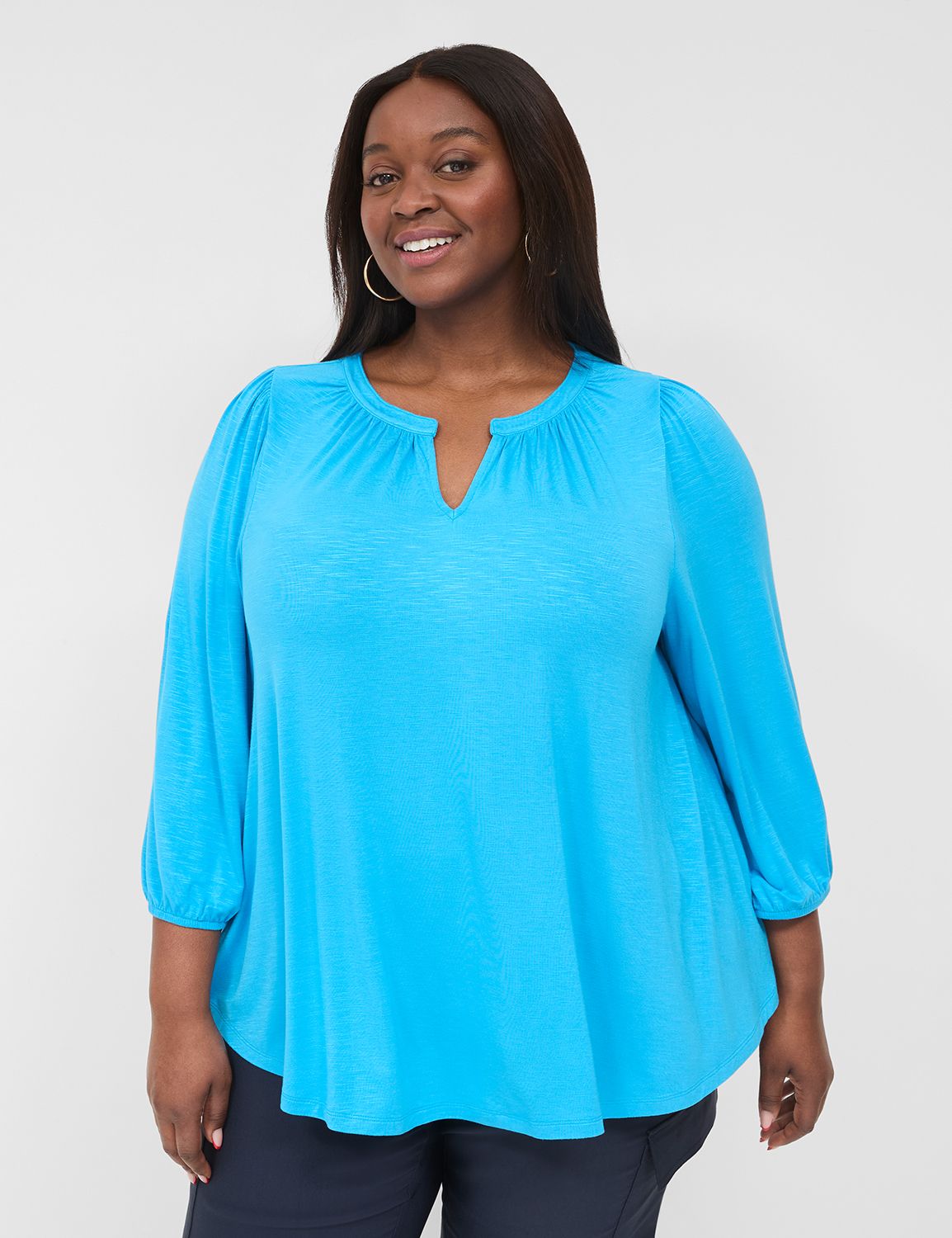 3/4 Blouson Sleeve Notch Neck Swing | LaneBryant