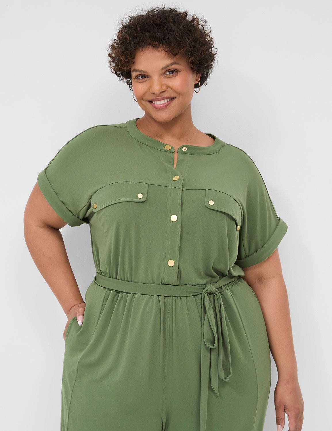 LS DROP SHOULDER UTILITY JUMPSUIT W | LaneBryant