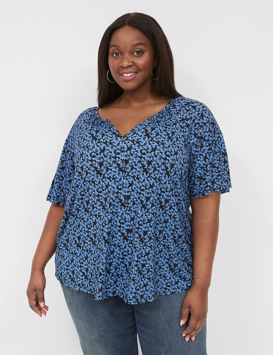 Casual Elbow Sleeve Notch Neck Ragl | LaneBryant