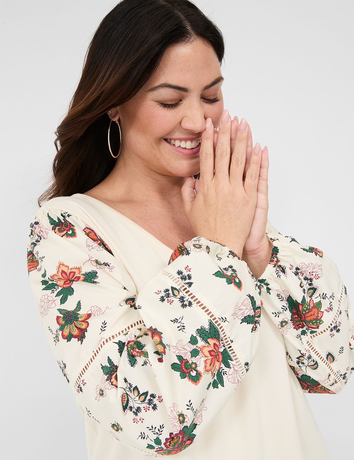 Long Sleeve Patchwork V-Neck Mixed | LaneBryant