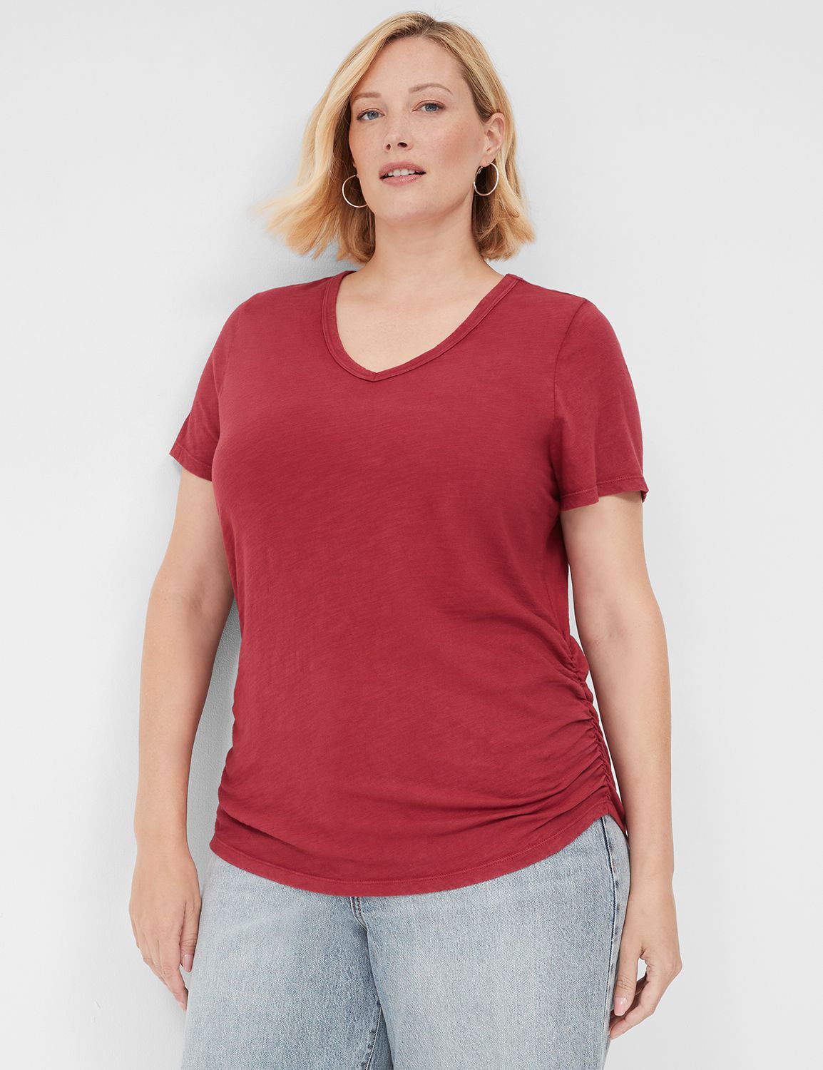Casual Short Sleeve V-Neck Side Ruc | LaneBryant