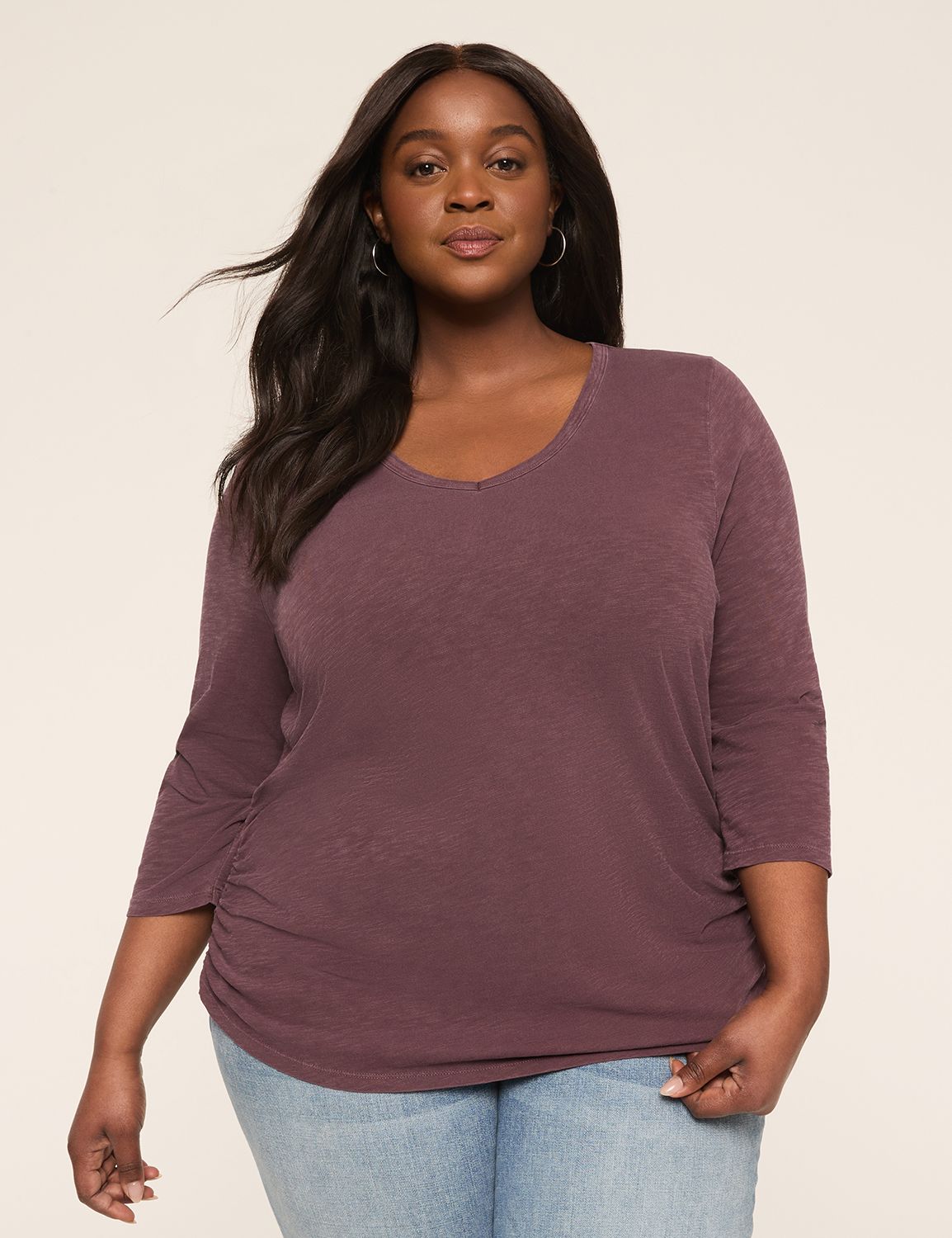 Casual 3/4 Sleeve V-Neck Side Ruche | LaneBryant