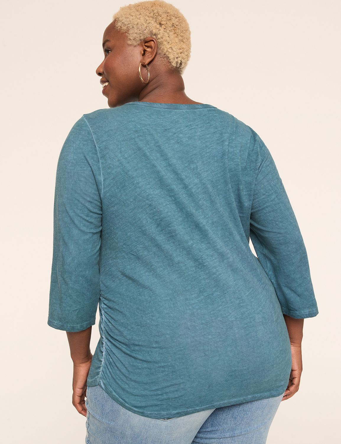 Casual 3/4 Sleeve V-Neck Side Ruche | LaneBryant
