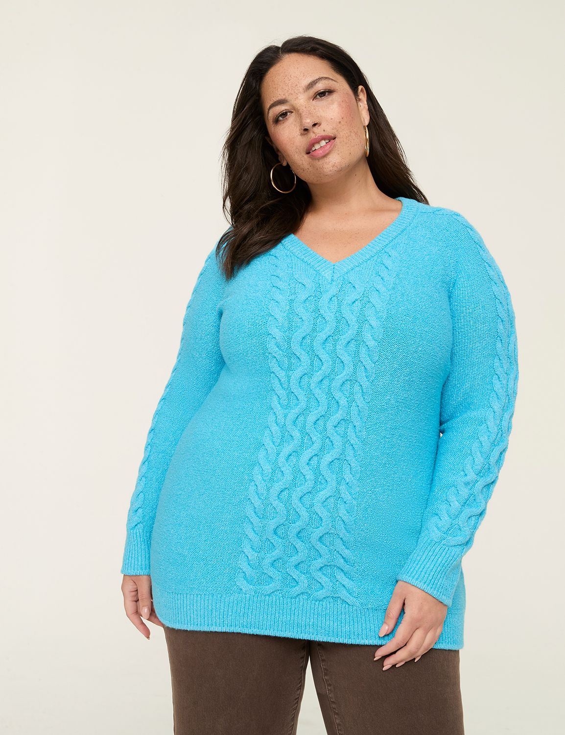 Classic Long Sleeve V-Neck Cable Pu | LaneBryant