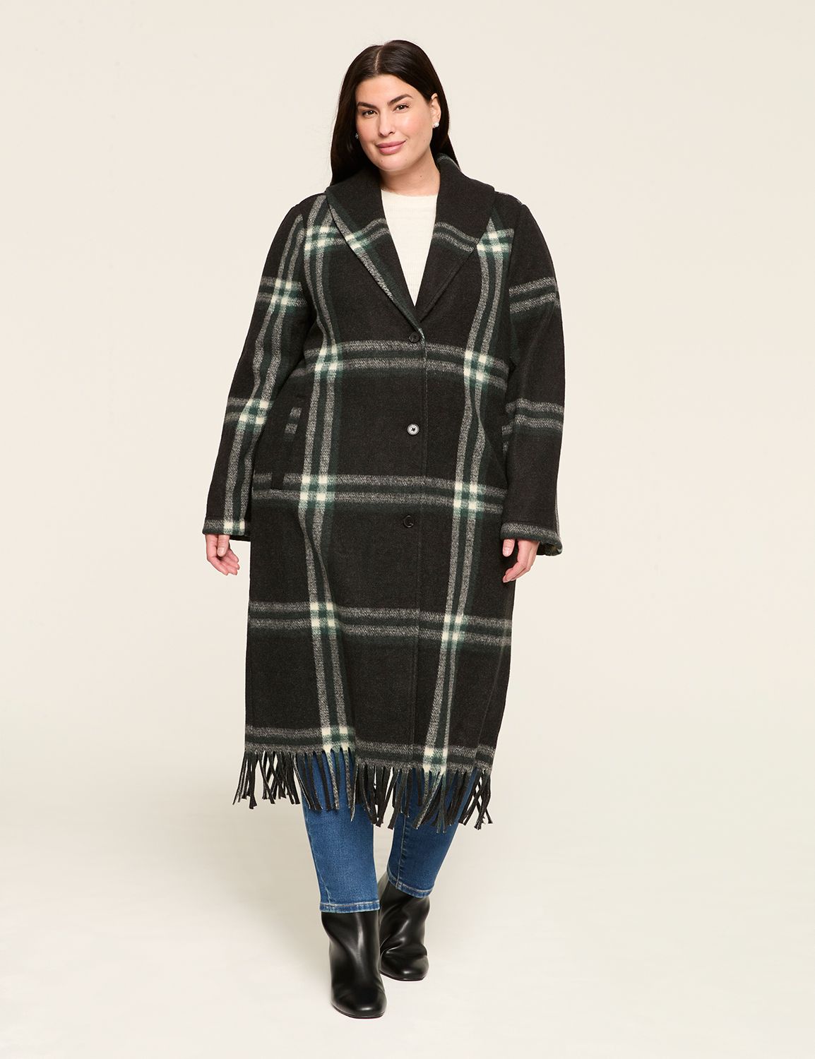 Belted Plaid Coat with Fringe hem 1 | LaneBryant