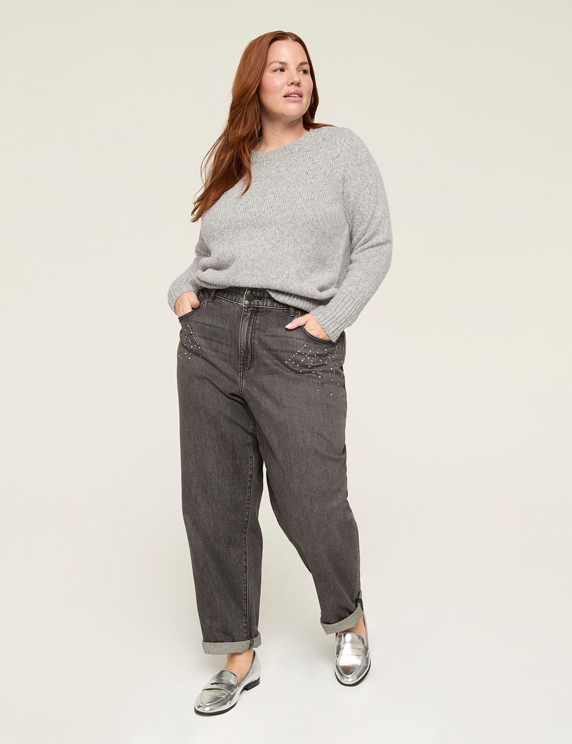 Classic Long Sleeve Crew Neck Embel | LaneBryant