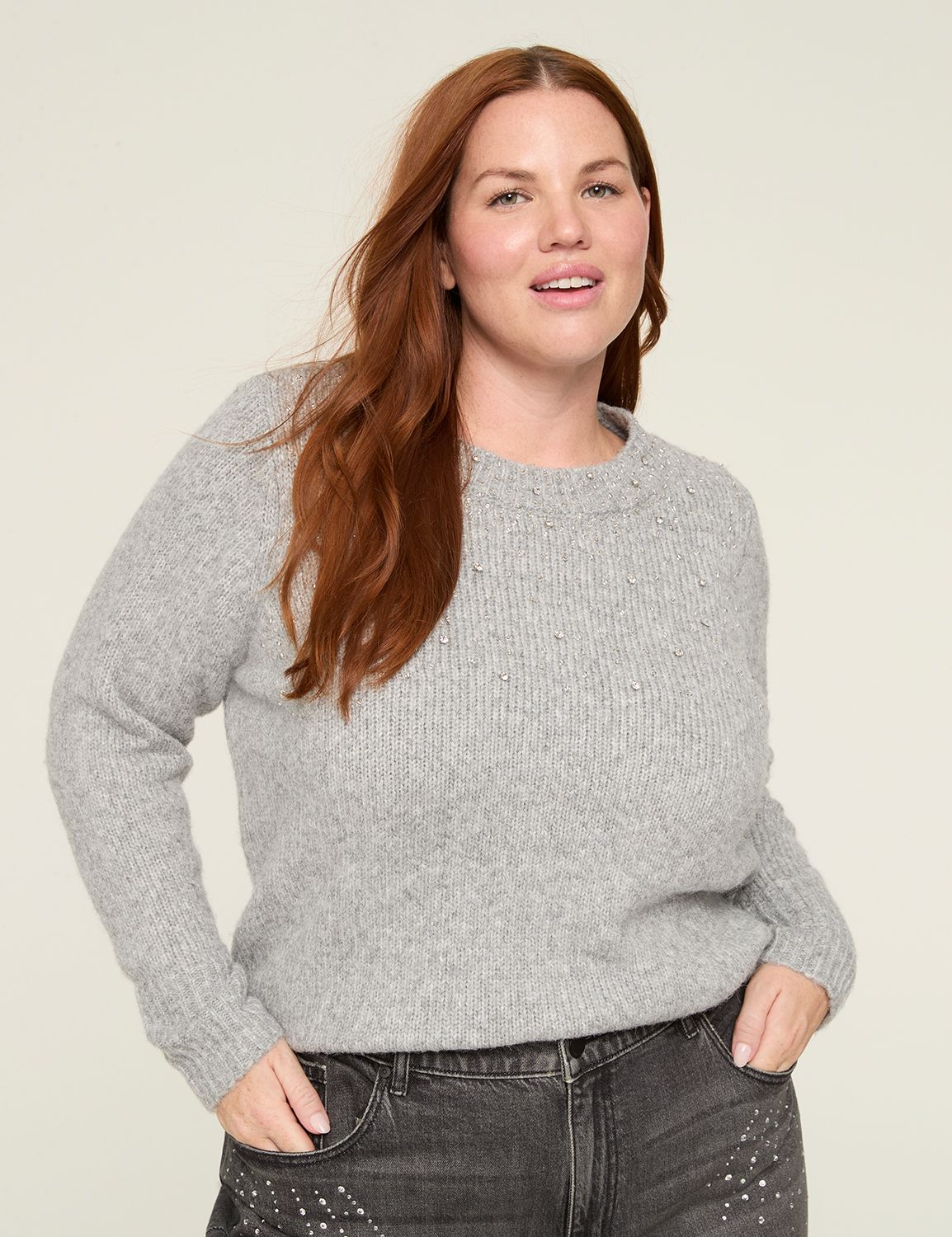 Classic Long Sleeve Crew Neck Embel | LaneBryant