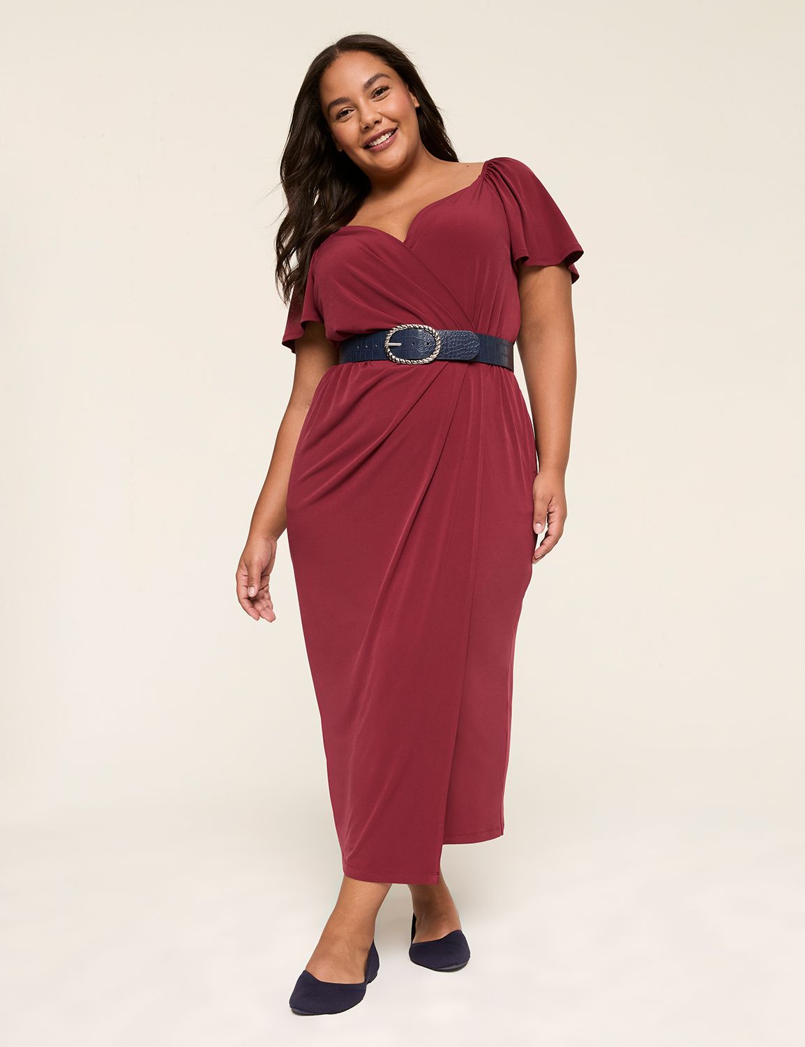 Flutter-Sleeve Surplice Jersey Midi Dress | LaneBryant