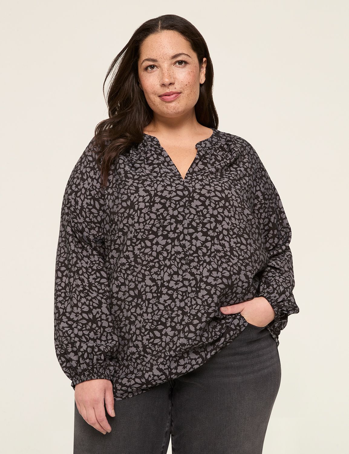 Easy Long Sleeve Split Neck Popover | LaneBryant