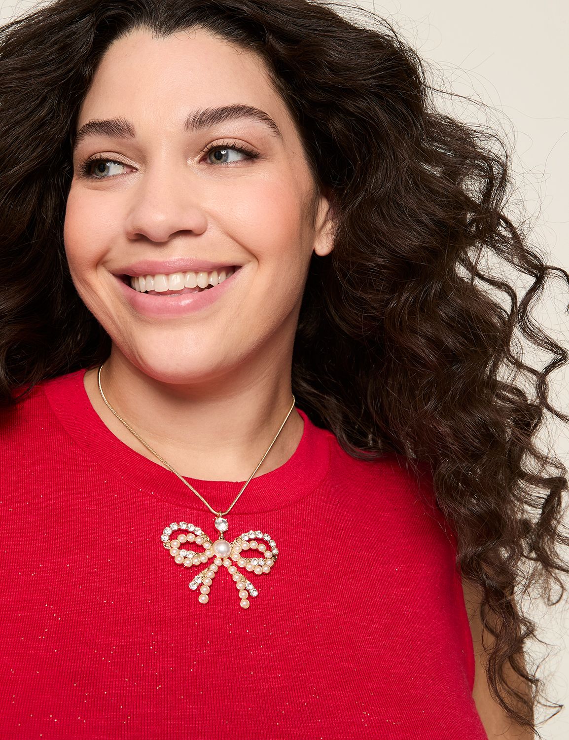 Pearl & Pave Bow Pendant Necklace | LaneBryant