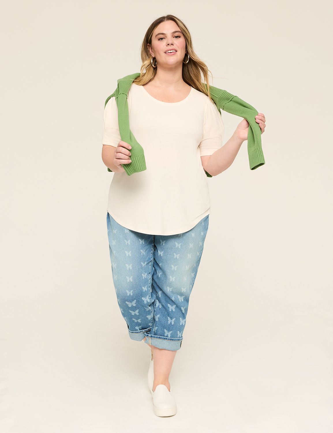 Classic Pleat Sleeve Crew Neck Curv | LaneBryant