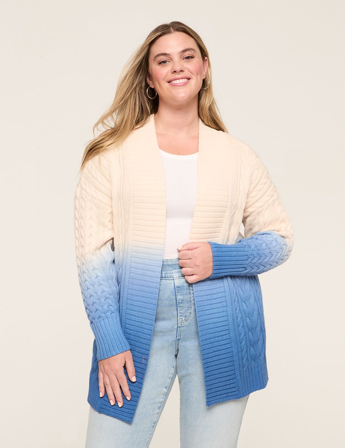 Open-Front Cable Dip-Dye Cardigan | LaneBryant