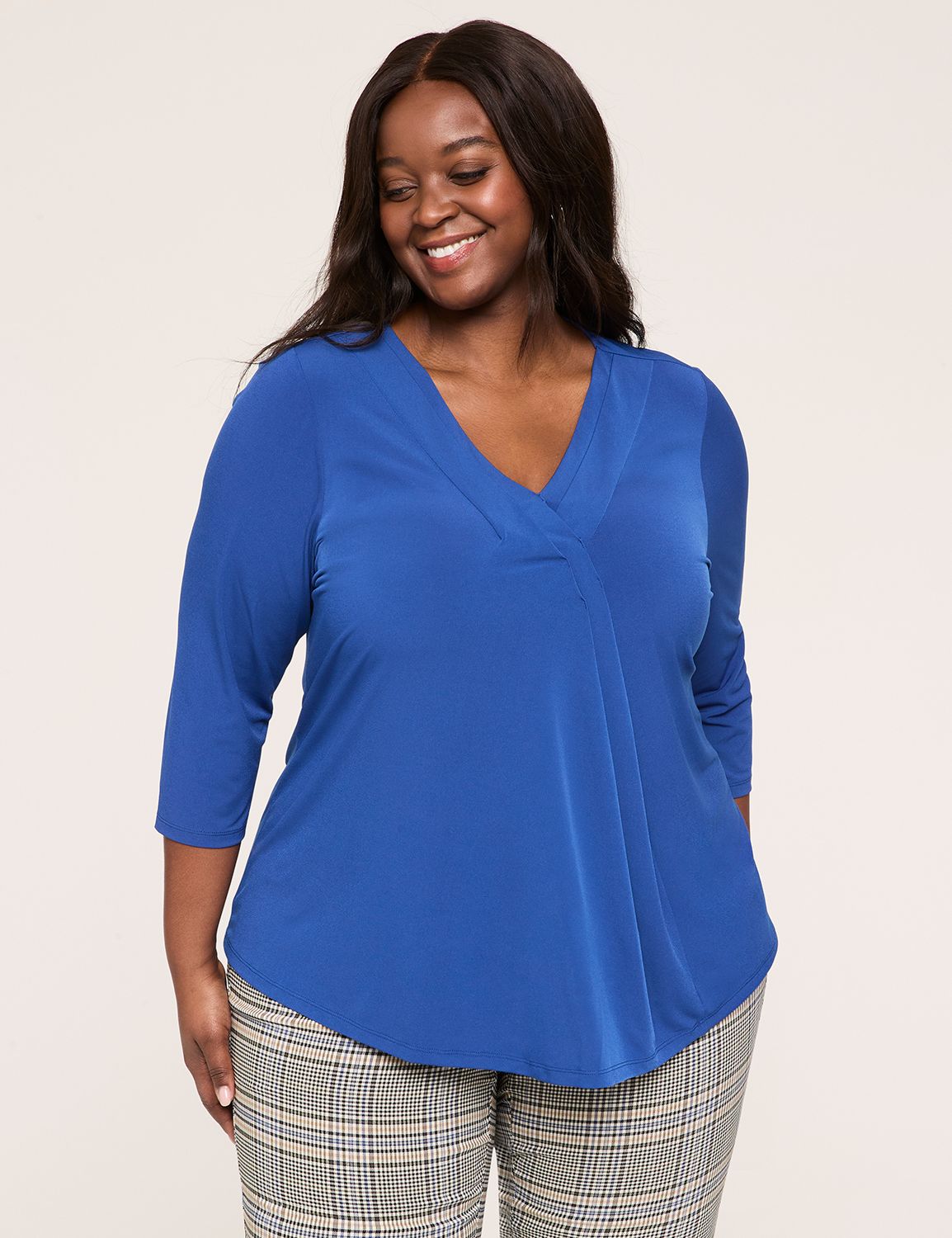 Swing 3/4 Sleeve V Neck Pleat Front | LaneBryant