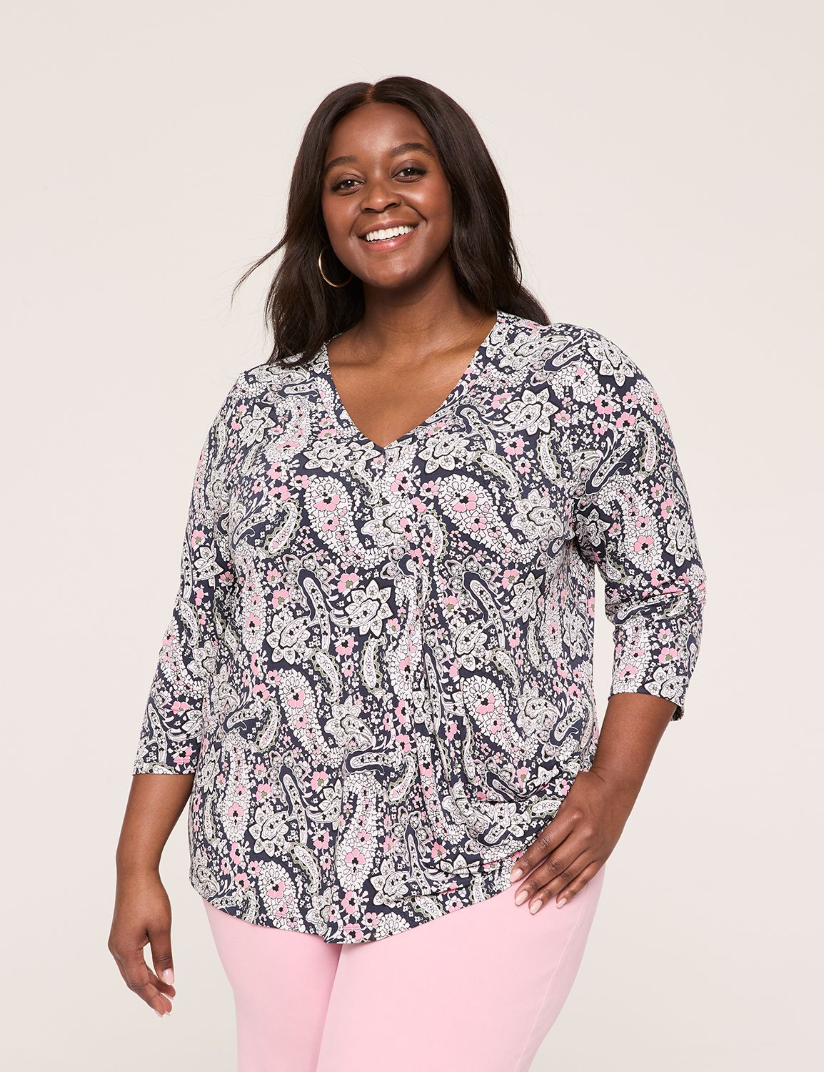 Swing 3/4 Sleeve V Neck Pleat Front | LaneBryant