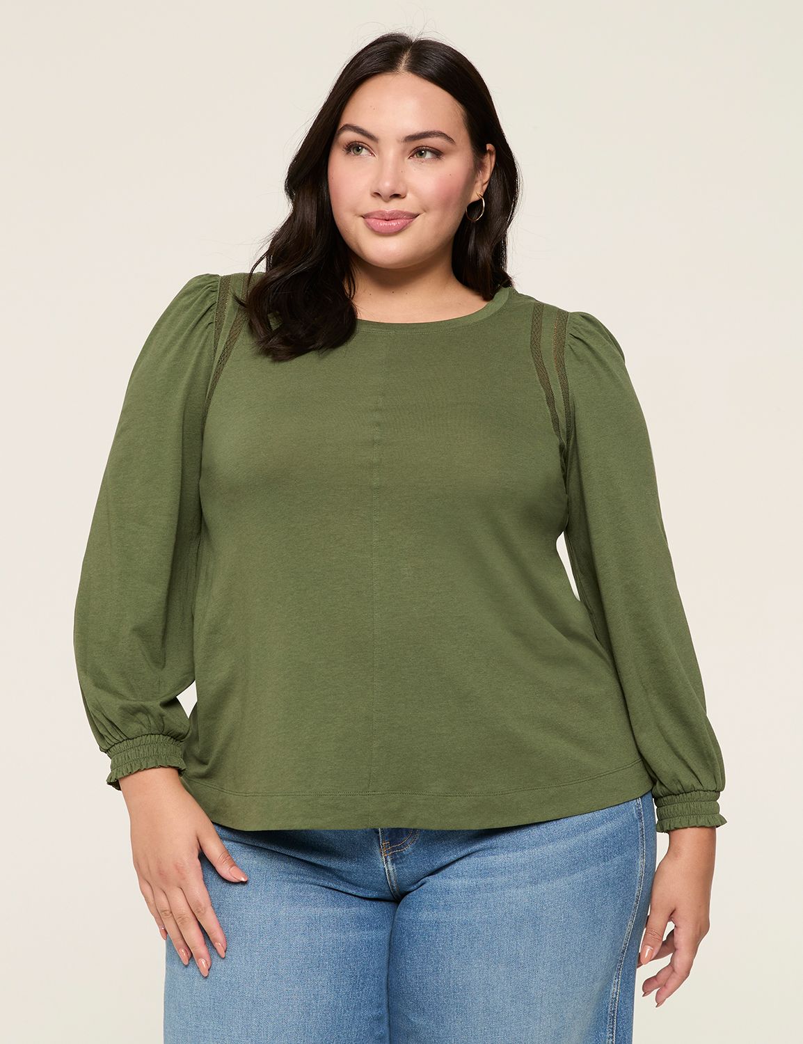 Long Sleeve Smocked Cuff Crew Neck | LaneBryant