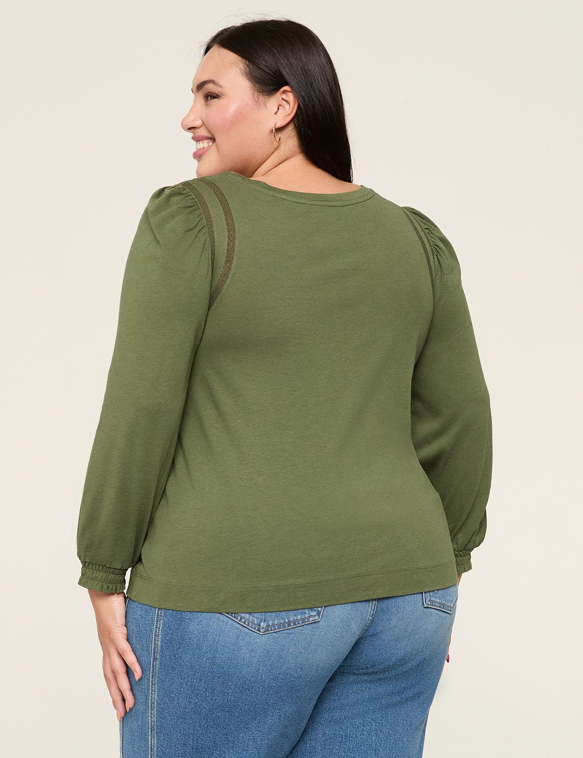 Long Sleeve Smocked Cuff Crew Neck | LaneBryant