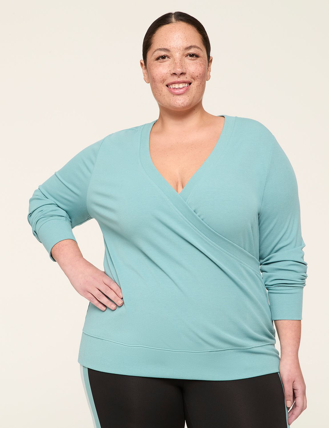 LIVI Long Sleeve VNeck Rib Wrap Top | LaneBryant