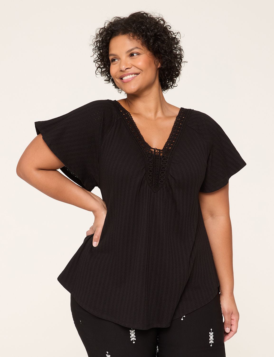 Short Flutter Sleeve Crochet Neckli | LaneBryant