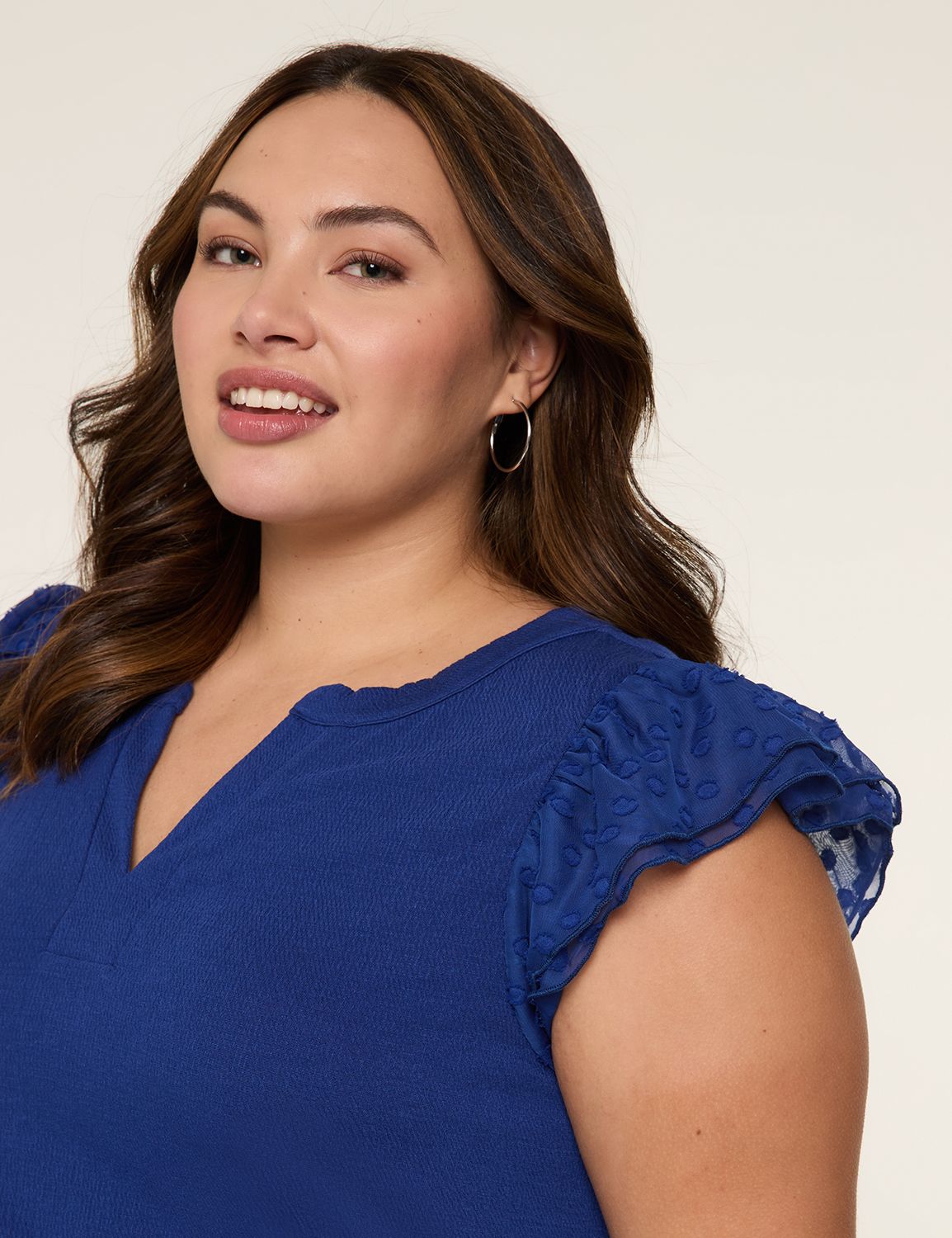 Clip Dot Ruffle Short Sleeve Notch | LaneBryant