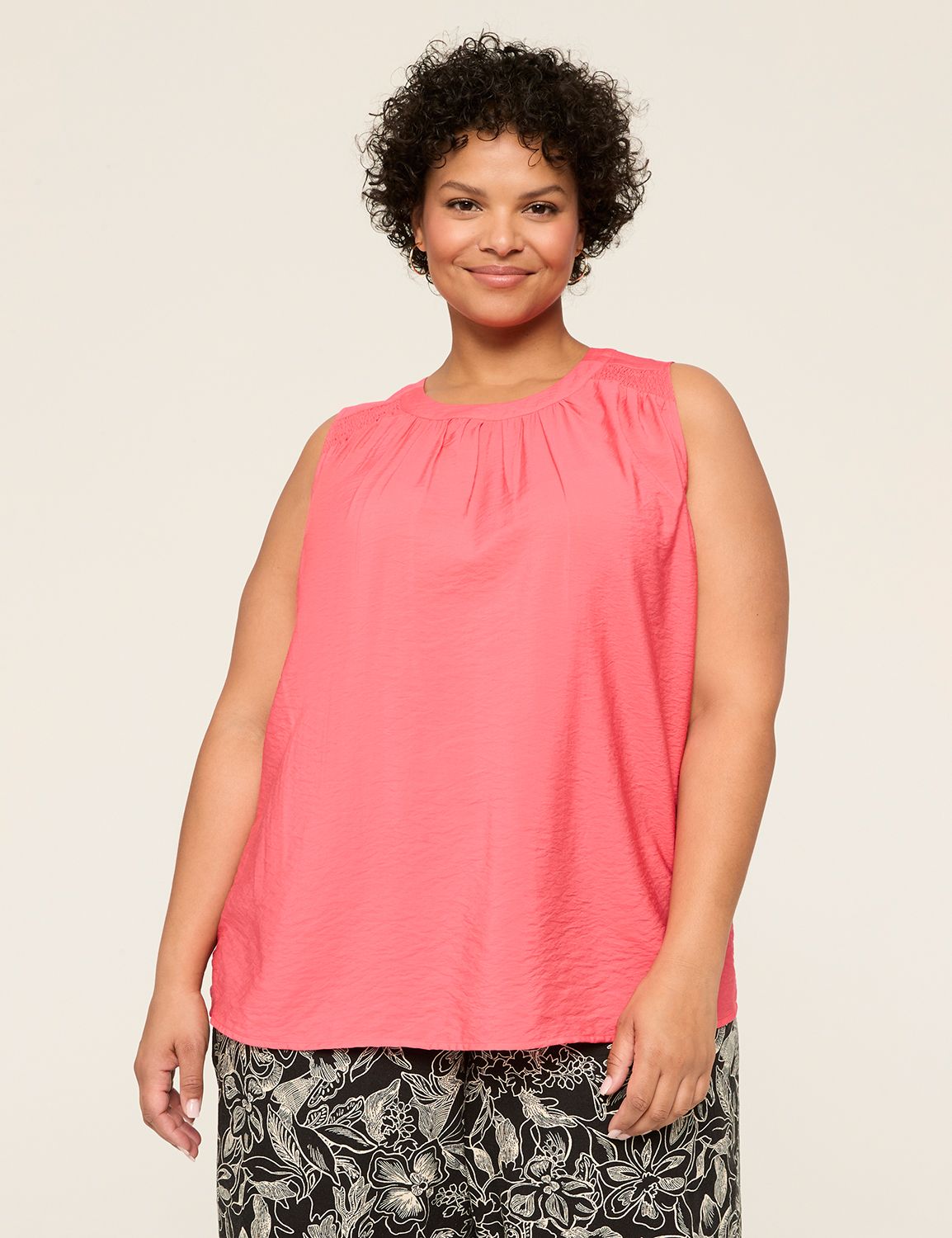 Smocked-Shoulder Crew-Neck Tank | LaneBryant