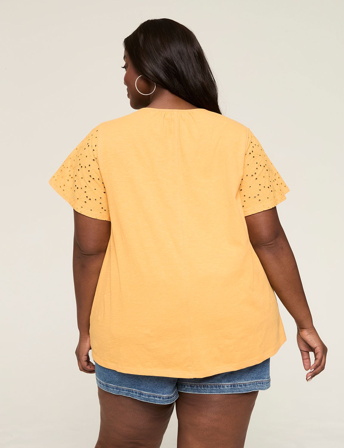 Short Sleeve Eyelet Yoke Zen Neck T | LaneBryant