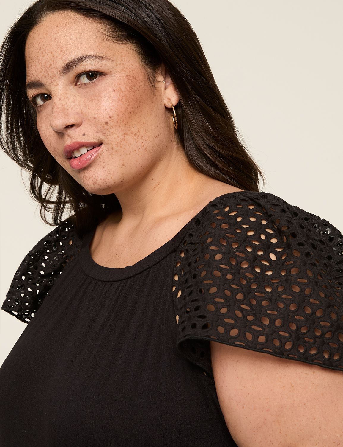 Eyelet Short Sleeve Square Neck Cre | LaneBryant