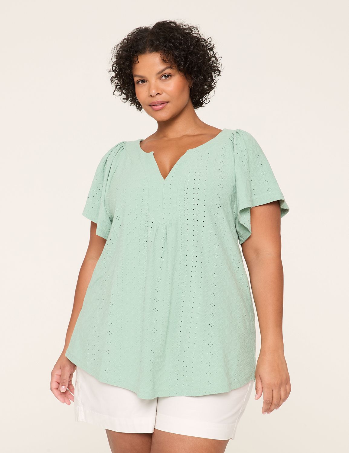 Short Sleeve Notch Neck Knit Eyelet | LaneBryant