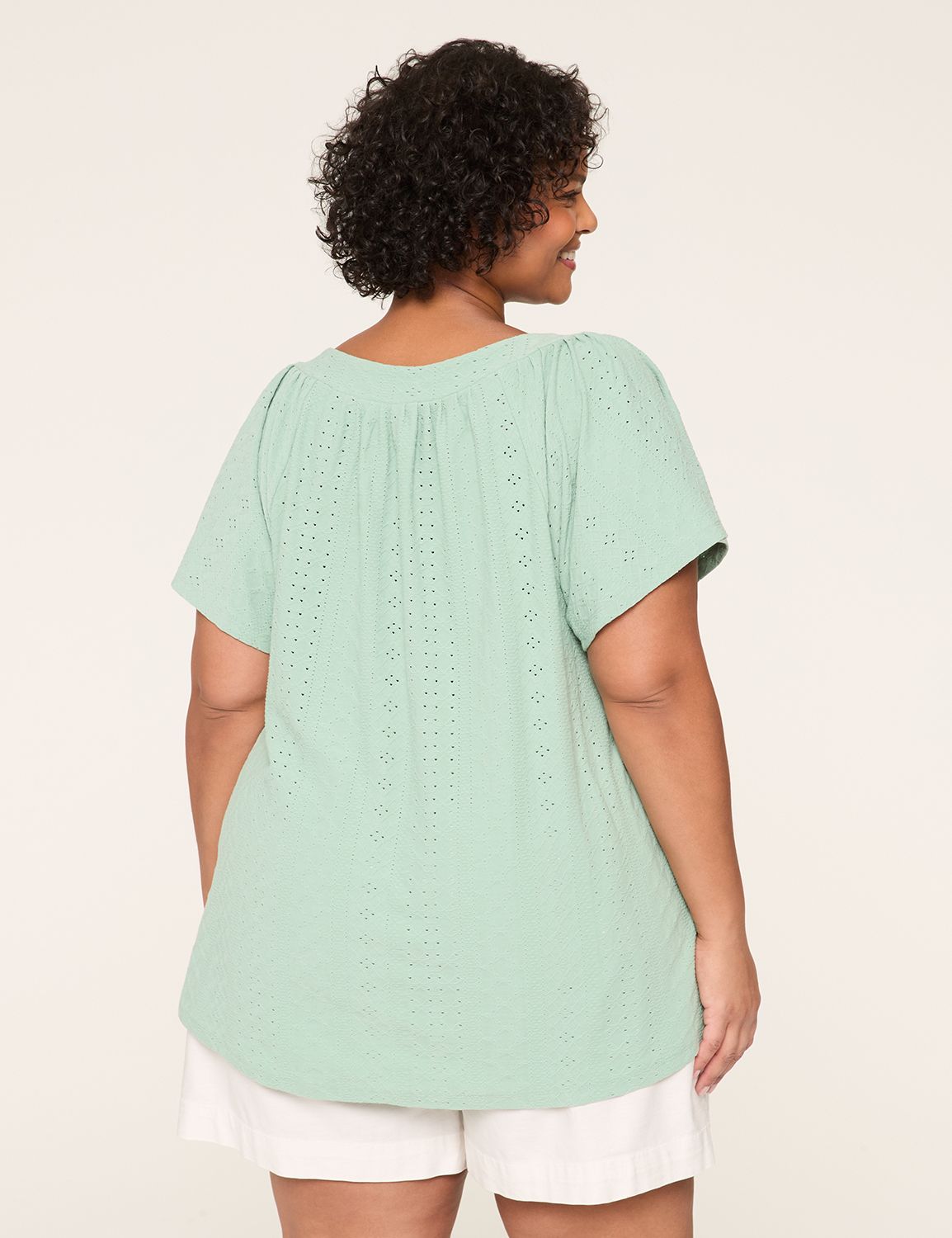 Short Sleeve Notch Neck Knit Eyelet | LaneBryant