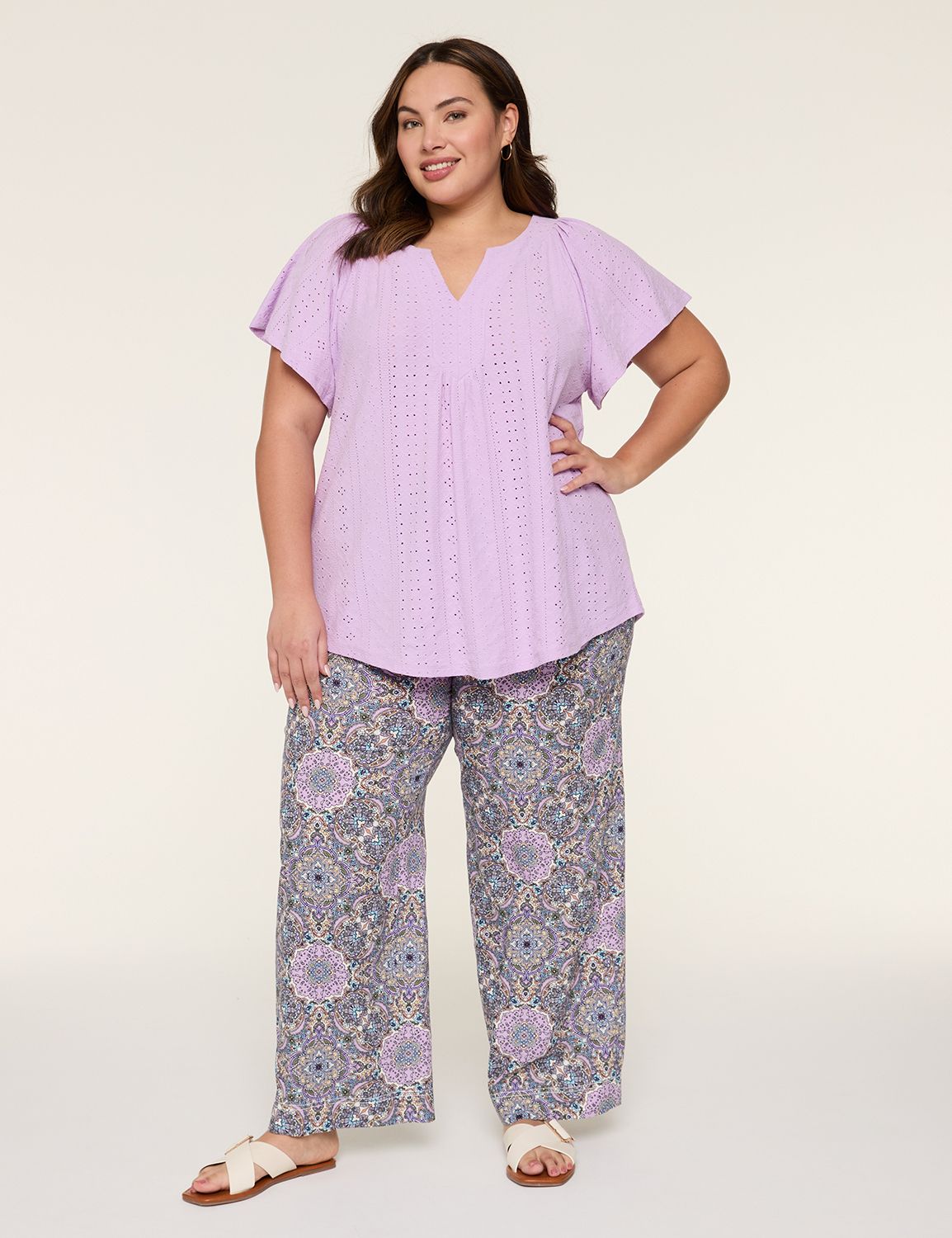 Short Sleeve Notch Neck Knit Eyelet | LaneBryant