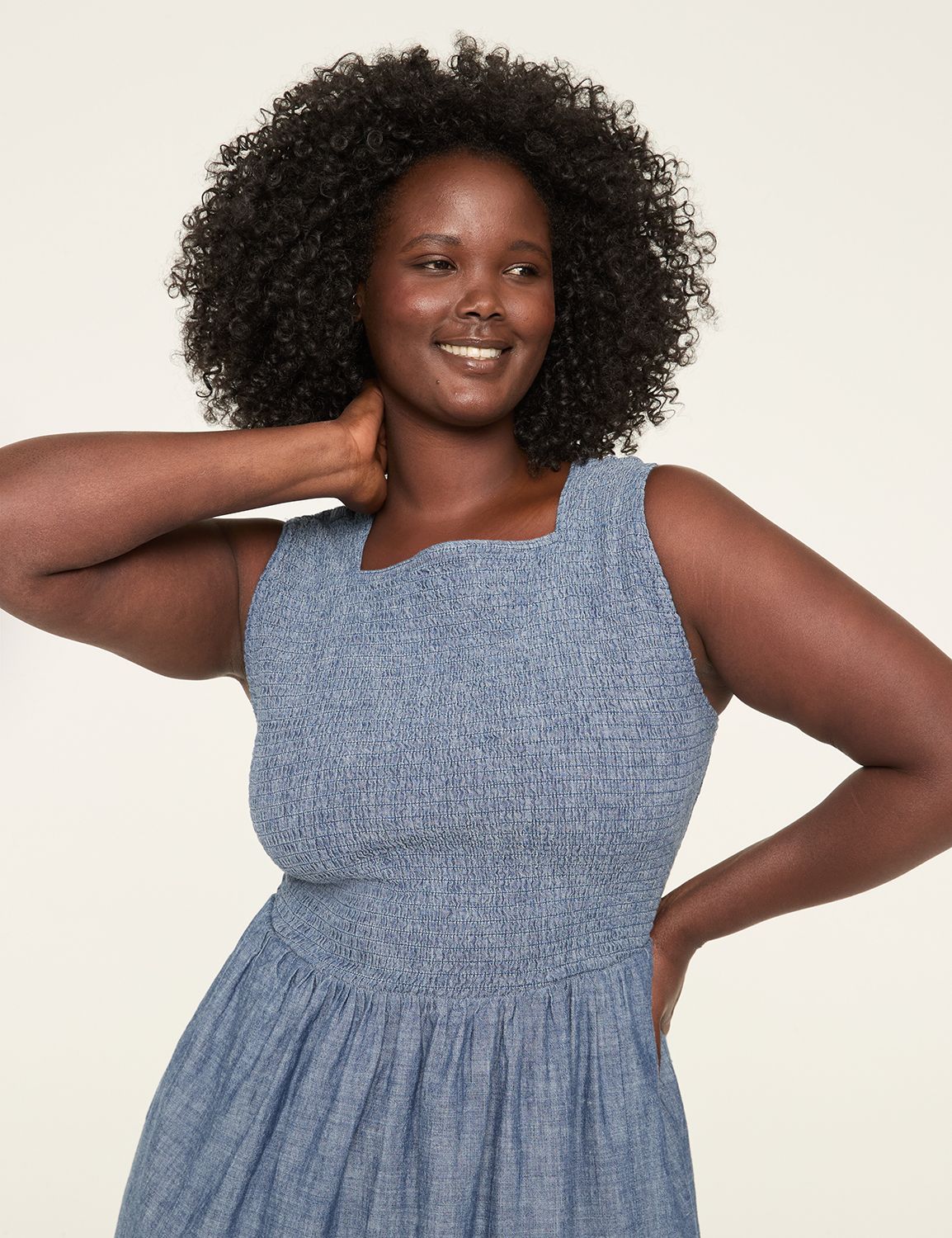 SL SQUARE NK SMOCKED BODICE LONG MI | LaneBryant