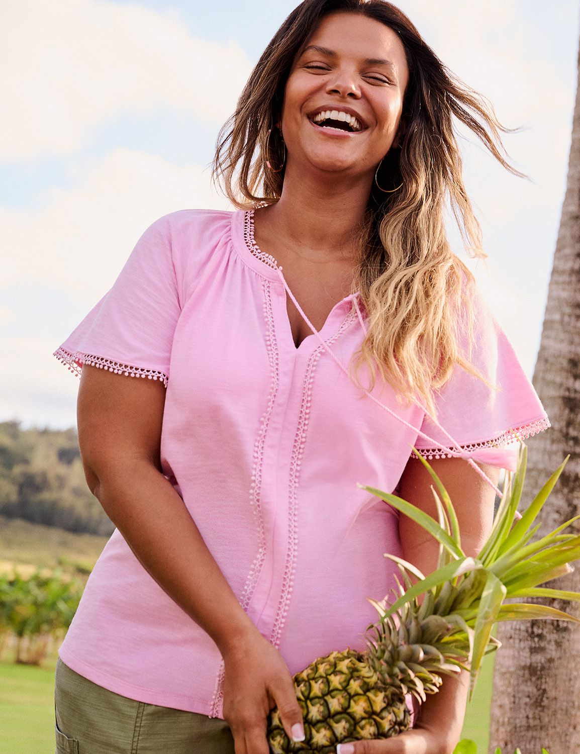 Short Sleeve Notched Zen Neck Braid | LaneBryant