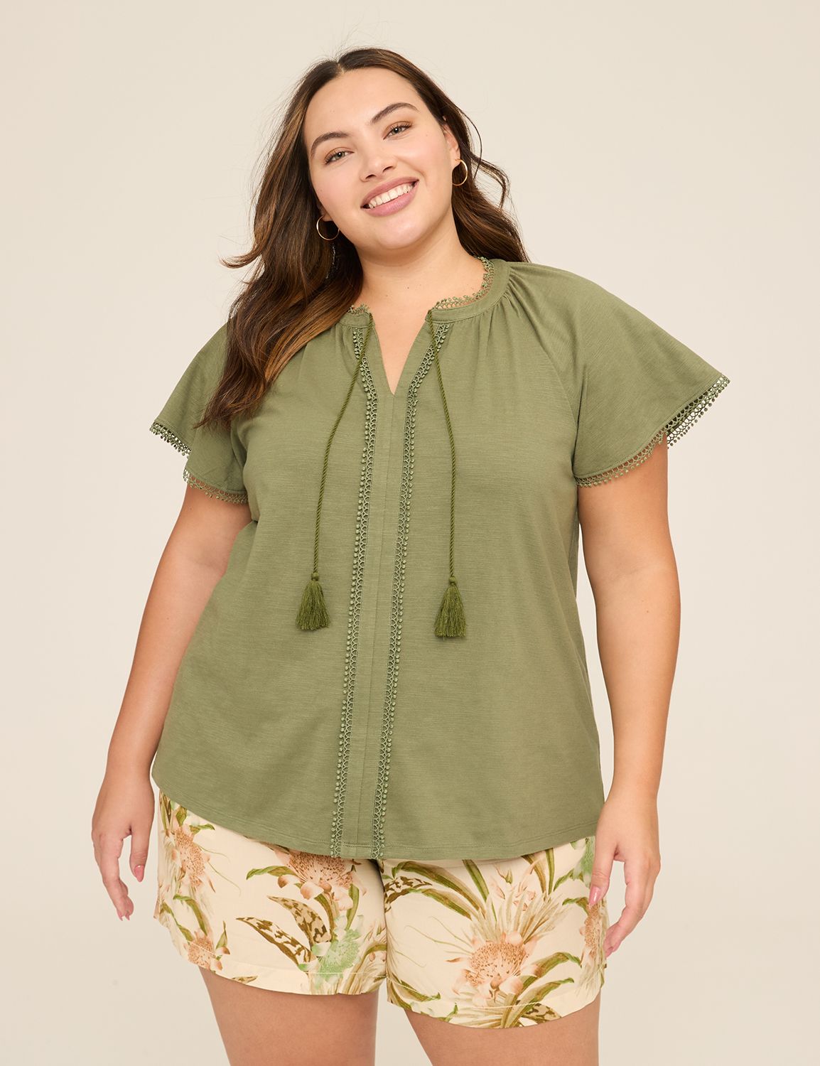Short Sleeve Notched Zen Neck Braid | LaneBryant