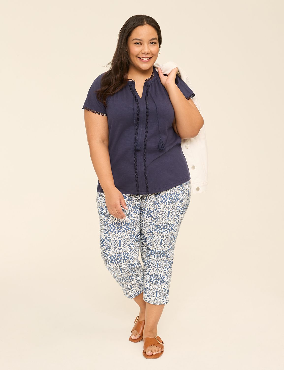 Short Sleeve Notched Zen Neck Braid | LaneBryant
