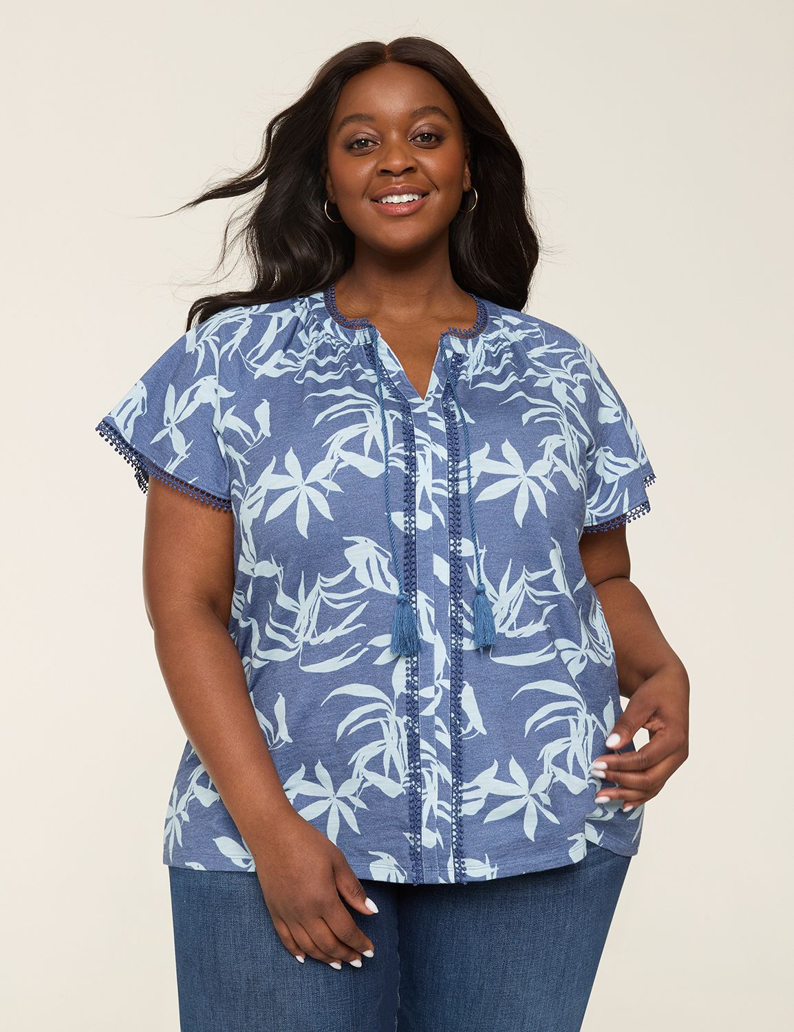 Short Sleeve Notched Zen Neck Braid | LaneBryant