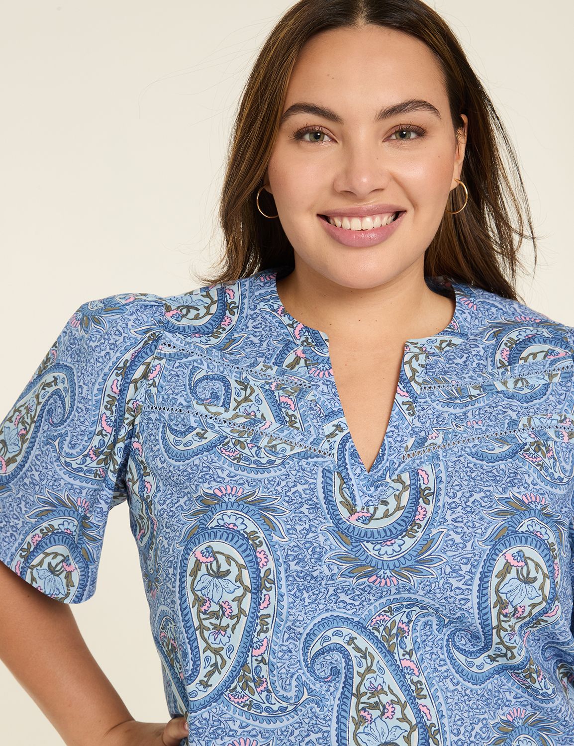 Puff Short Sleeve Notched Neck Yoke | LaneBryant