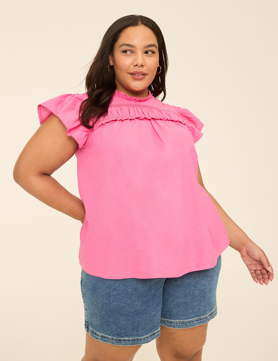 Ruffle Short Sleeve Crew Neck Yoke | LaneBryant
